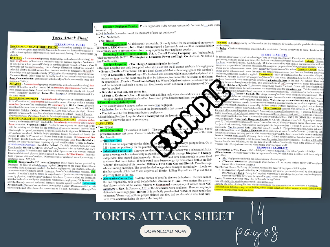 Torts Law 1L Study Guide BUNDLE Comprehensive 76-page OUTLINE & Exam ...