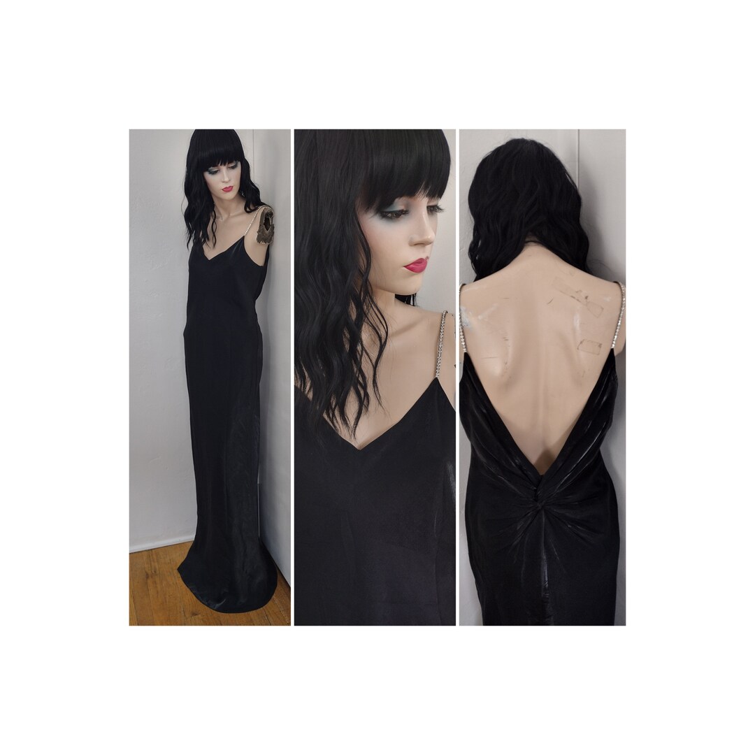 Size M | 90's Metallic Black Gown W/ Rhinestone Straps & Low Cut Back ...