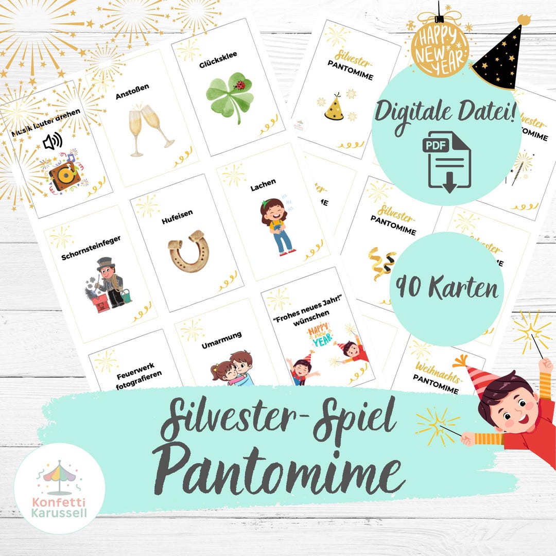 New Year's Eve Pantomime Game for Kids | 90 Action Cards With Pictures ...