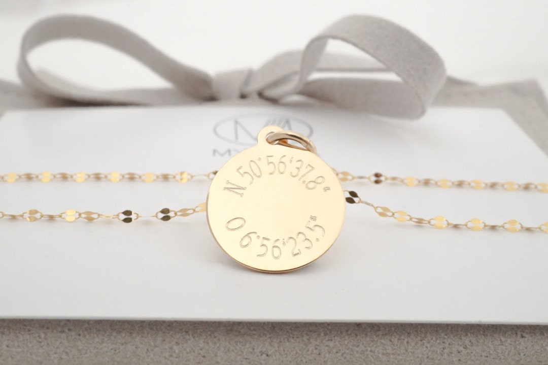 750 18kt Gold Sequin Chain 585 14kt Engraving Pendant 12 Mm Delicate ...