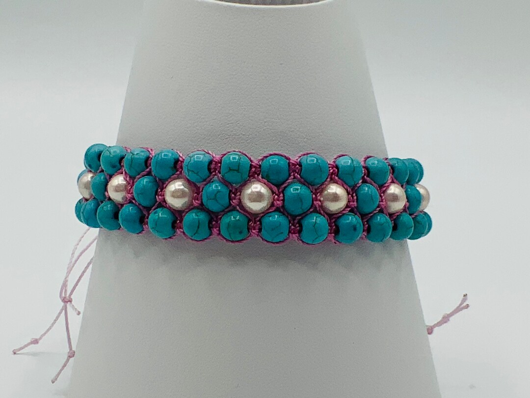 Three Strand Shamballa Bracelet With Pink Shell Pearls & Blue Turquoise ...
