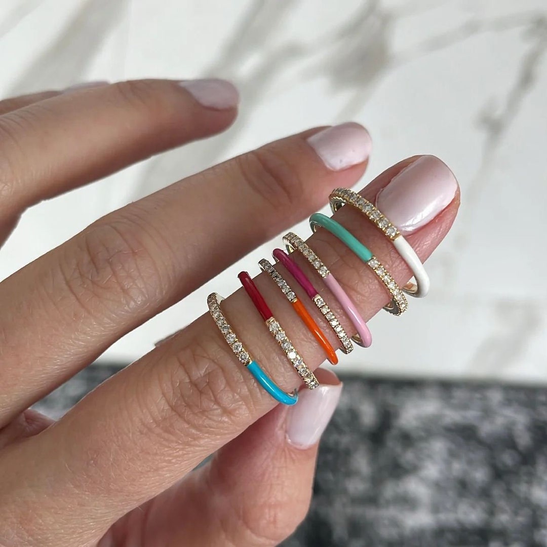 14K Gold Half Enamel Half Pave Ring, Color Pave Ring, Gift for Her ...