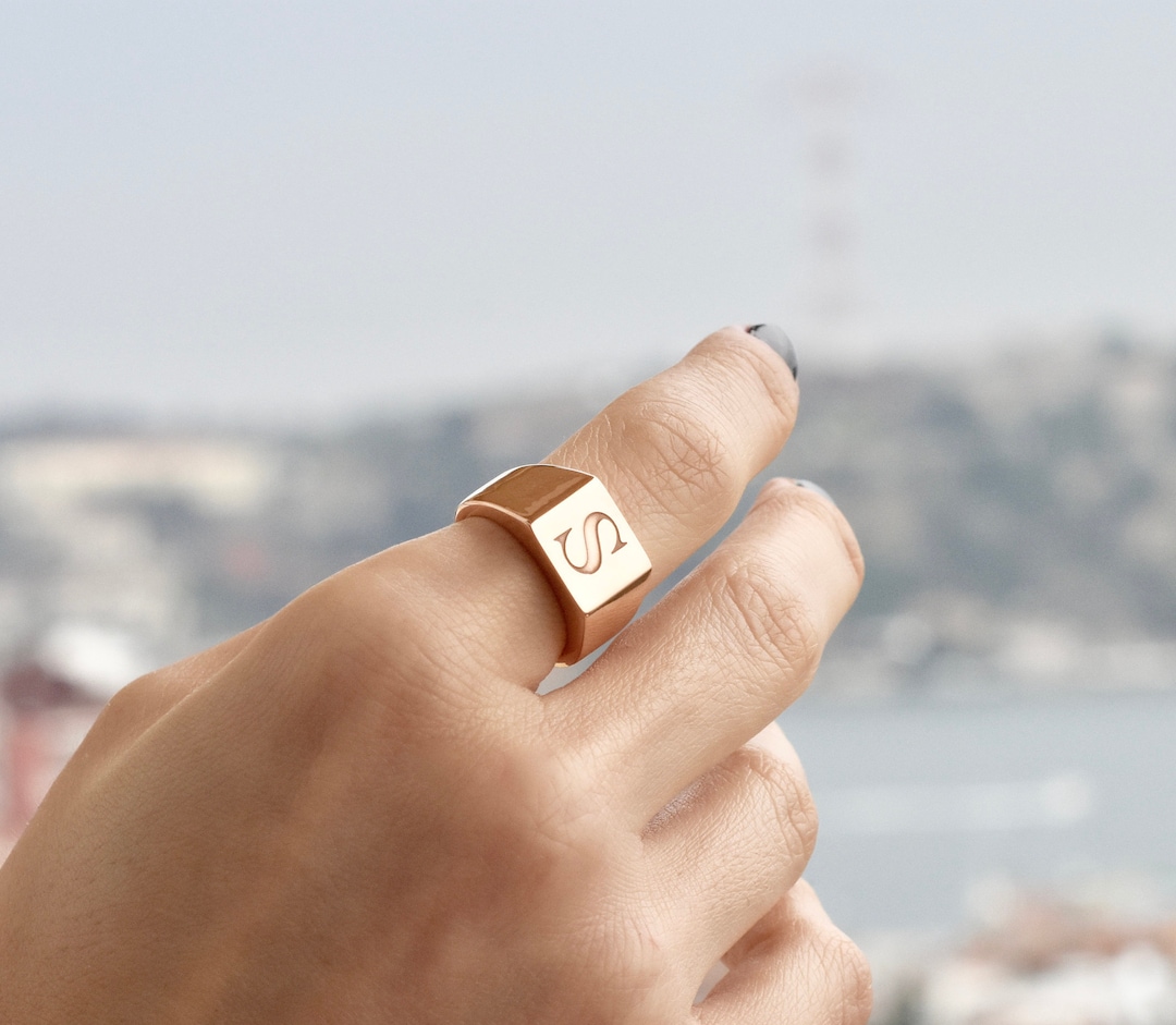 Square Signet Ring - Monogram Signet Ring - Gold Engraved Signet Ring ...