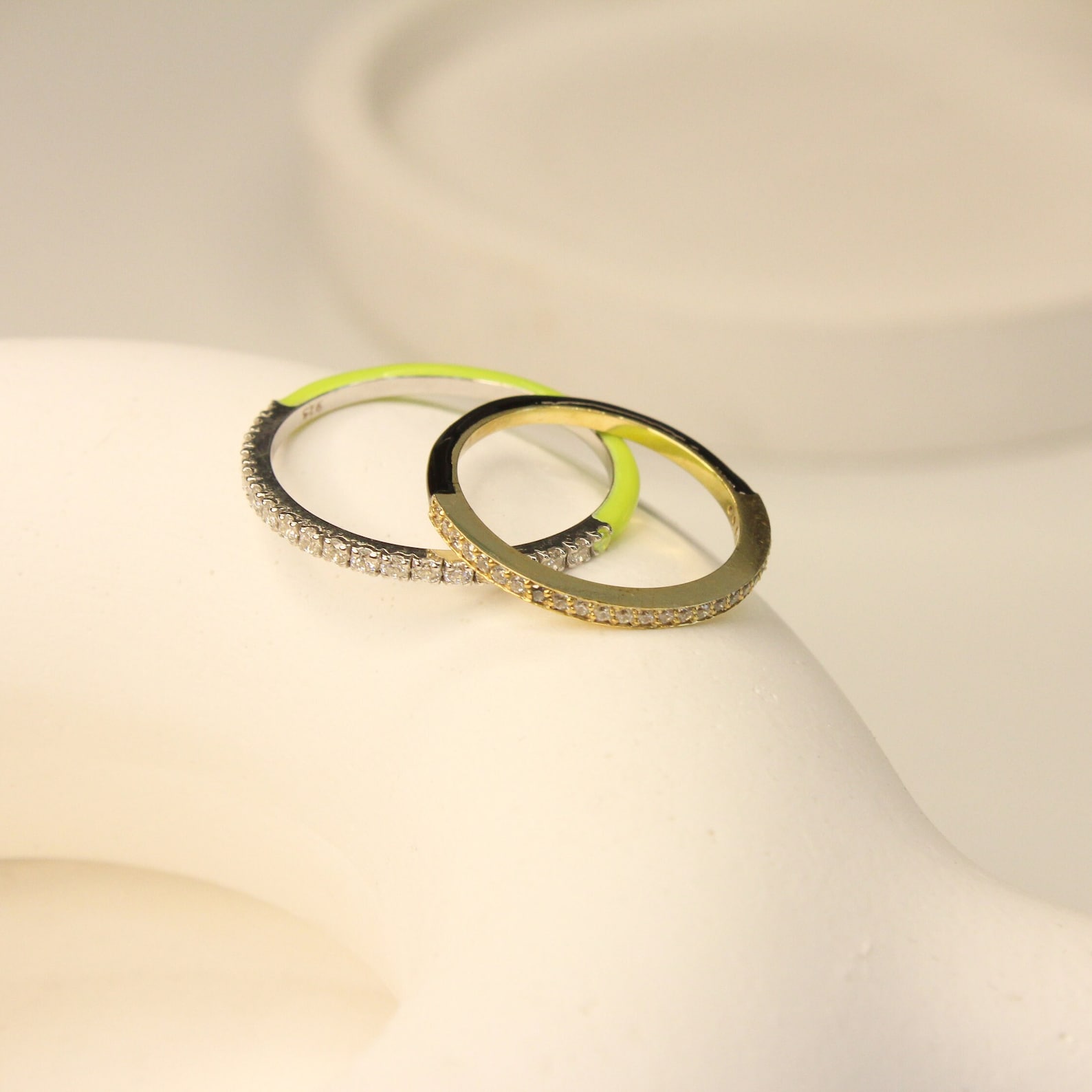 14K Gold Half Enamel Half Pave Ring, Color Pave Ring, Gift for Her ...