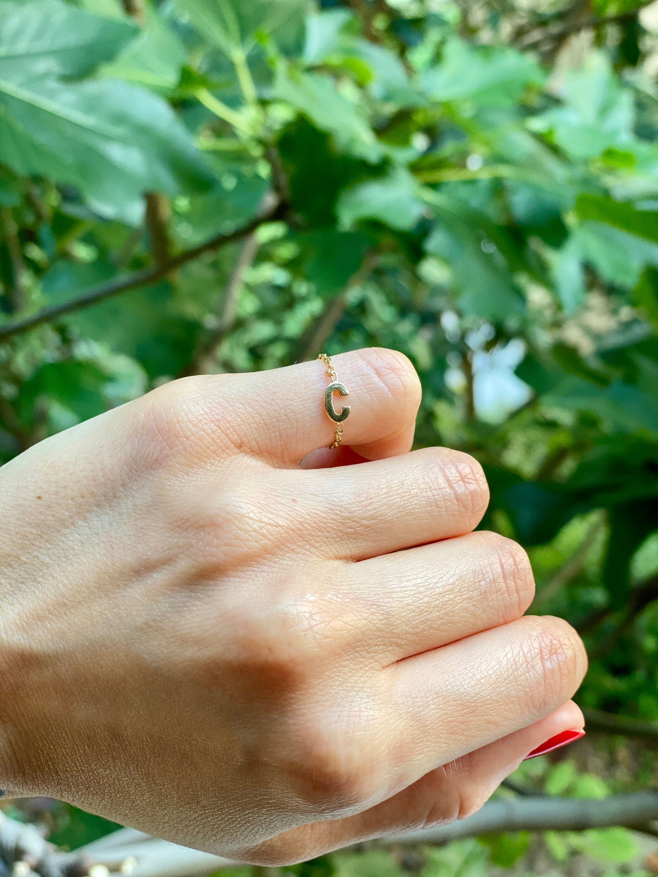 Custom Initial Ring With Chain Band Dainty Stackable Ring - Etsy