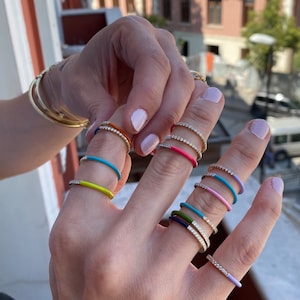 14K Gold Half Enamel Half Pave Ring, Color Pave Ring, Gift for Her ...