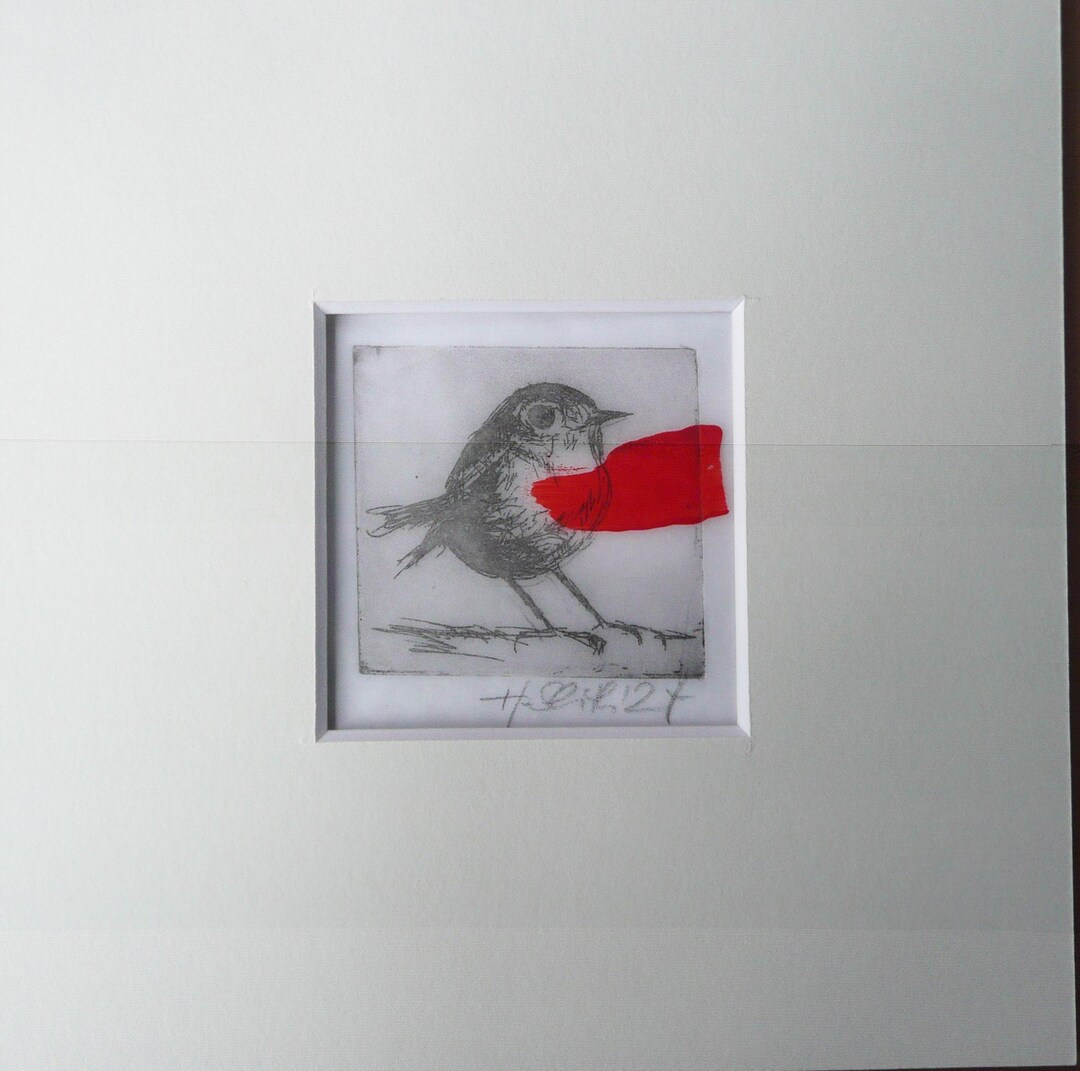 Robin in Love Redbreast Etching Hand-colored With Passepartout ...