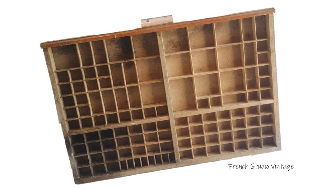 Vintage French Letter Press Tray Wood Drawer Shelf Storage Shadow Box ...