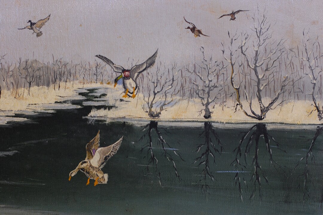 Vintage French Oil Painting: Winter Ducks in Snow, Signed Art - Etsy