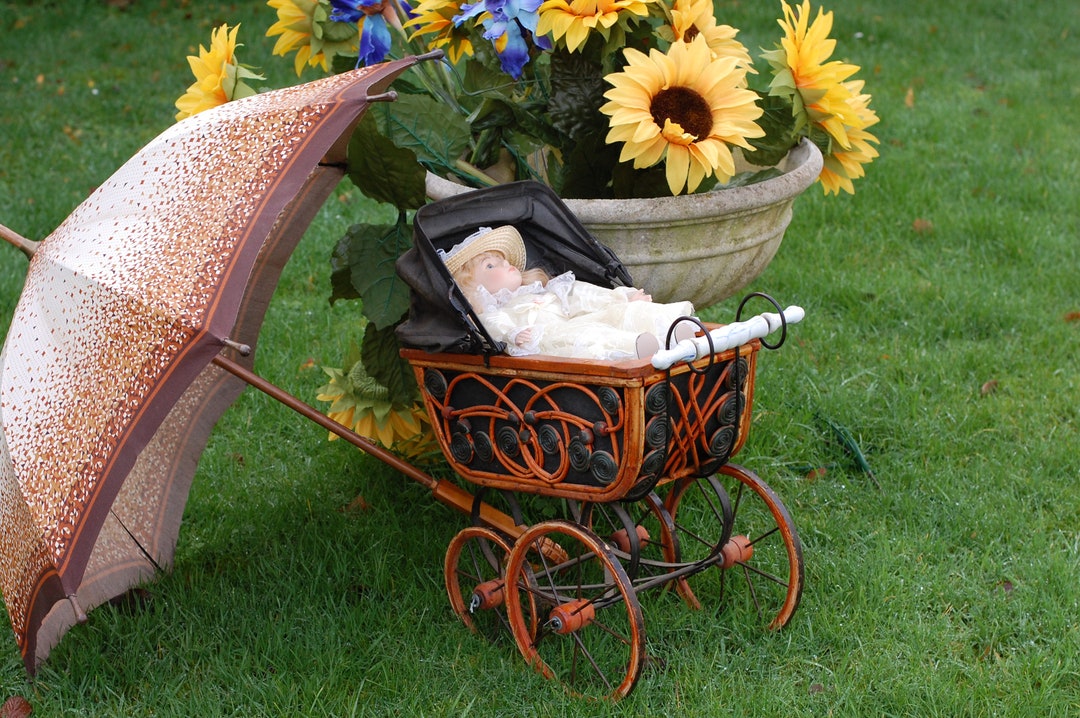 Antique French Doll Cart Stroller Doll Pram Wicker Carriage Victorian ...
