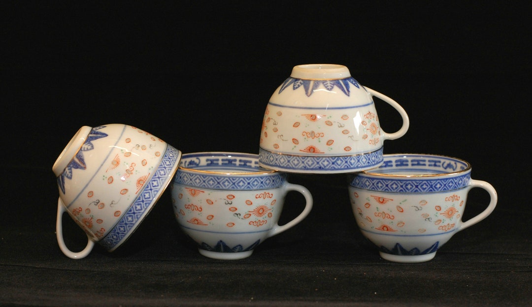 Vintage Chinese Tea Cups Rice Eye Cups Set of 4 Porcelain Hand Painted ...