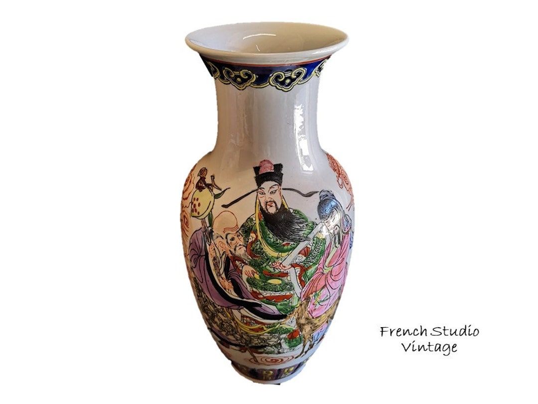 Vintage Chinese Vase Hand Painted Traditional Characters Famille Rose ...