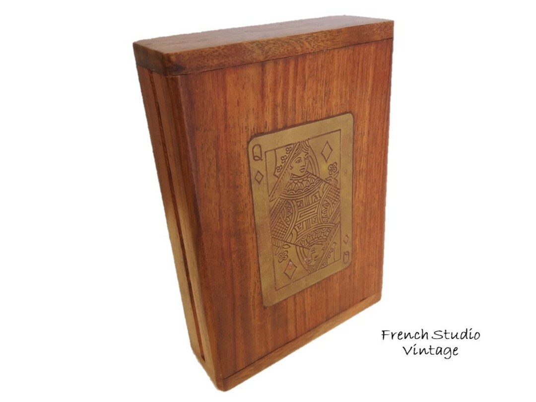 Vintage Wood Box Storage Cards Box Brass Queen of Diamonds on the ...
