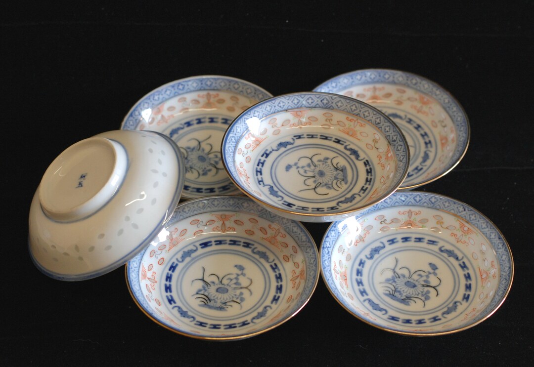Vintage Chinese Rice Eye Bowls, Set of 6, Blue White Floral Decor - Etsy