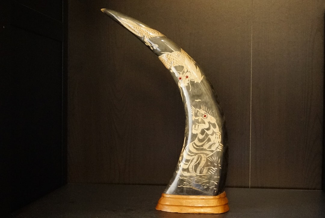 Vintage Horn Hand Carved Dragon Tiger ,wooden Base, Africa Art Oraments ...