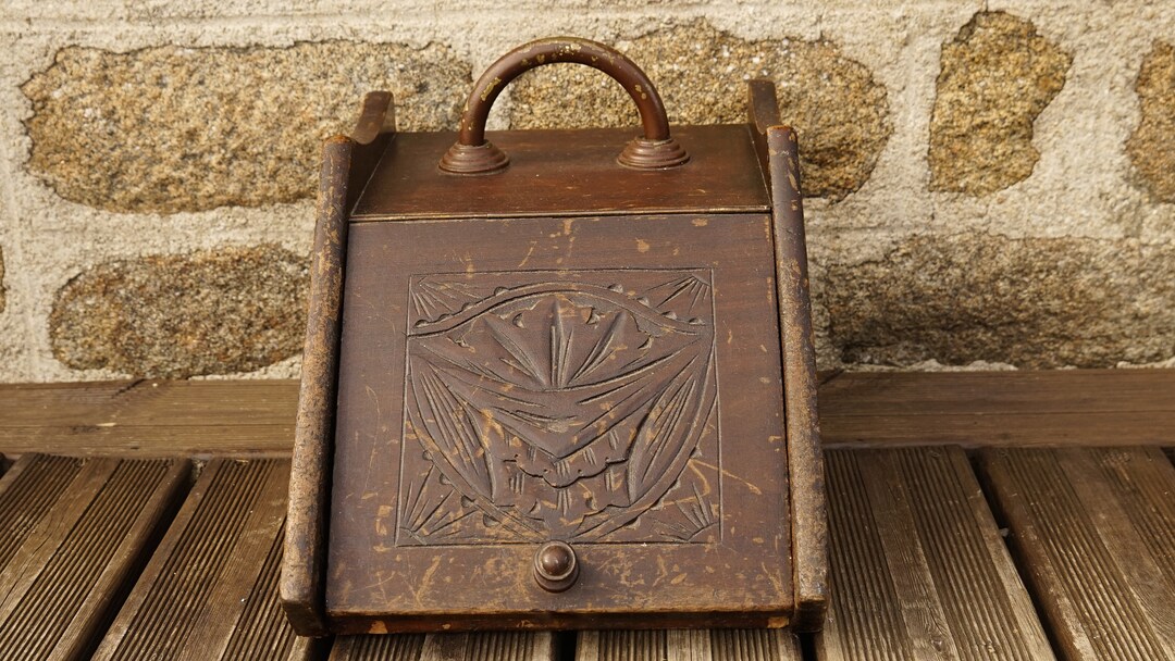 Antique Wood Framed Coal Scuttle Bucket Coal Bin Fireplace Decor ...