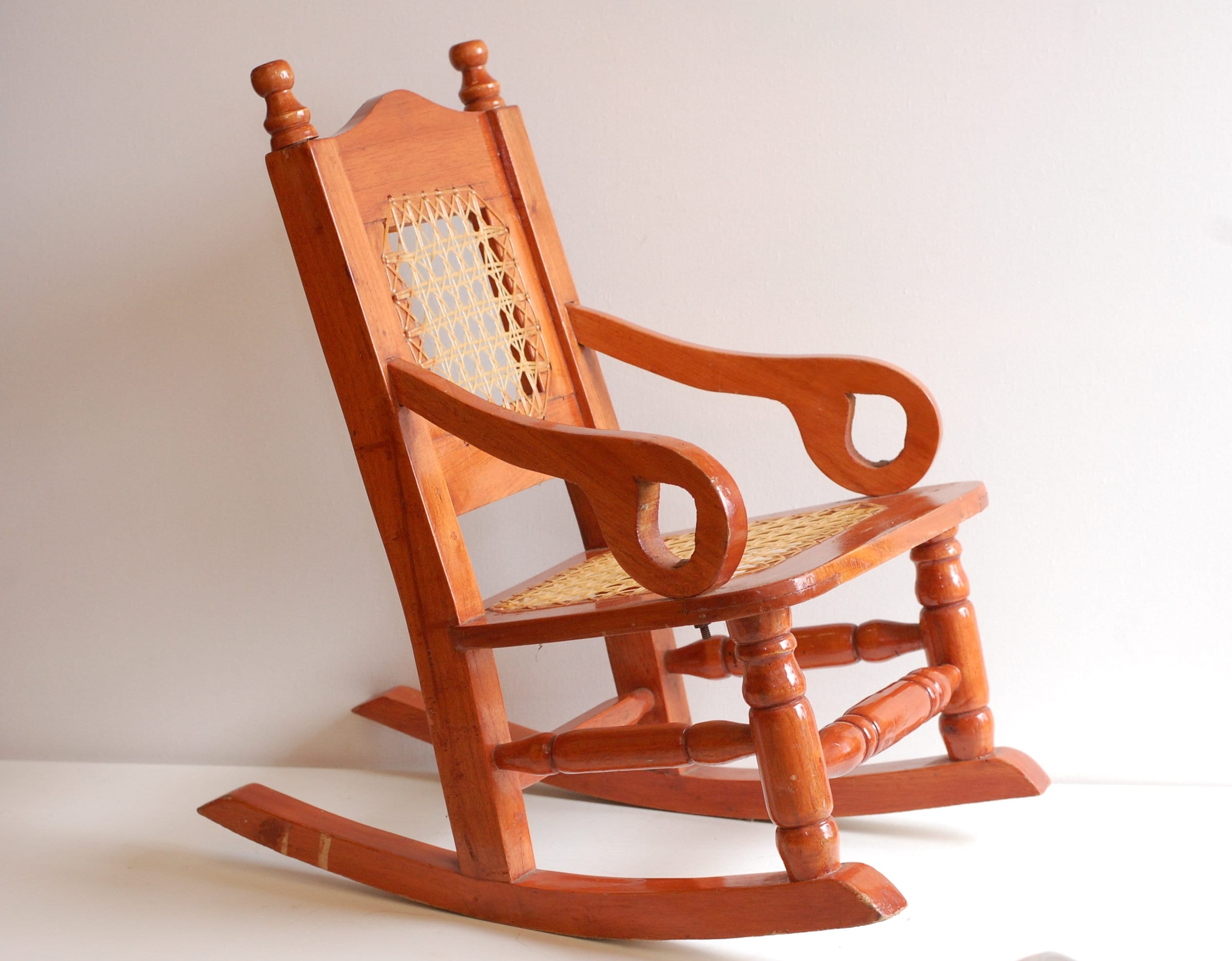 Vintage Child Rocking Chair Wood Woven Nylon Kids Chair Mid | Etsy