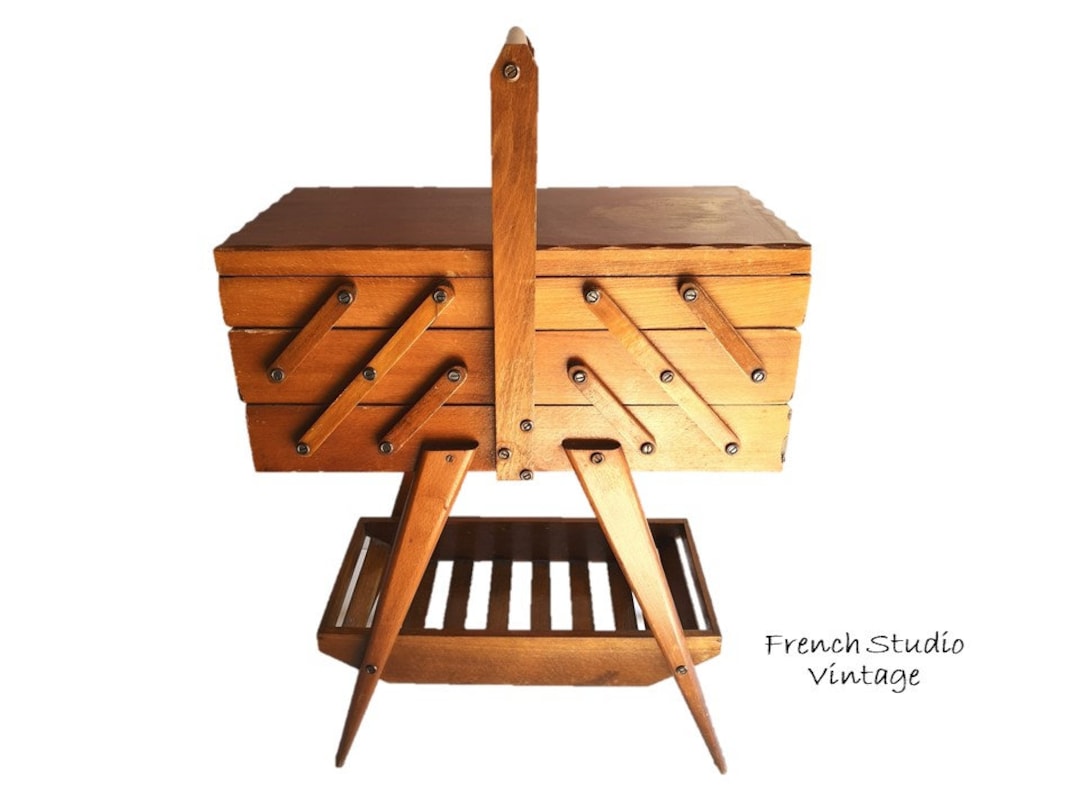 Vintage French Wood Sewing Basket ,storage Box With Shelf - Etsy