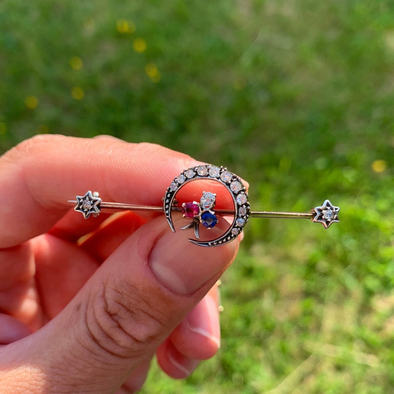 Antique Victorian Diamond, Ruby & Sapphire Crescent Moon Bar Brooch - Etsy
