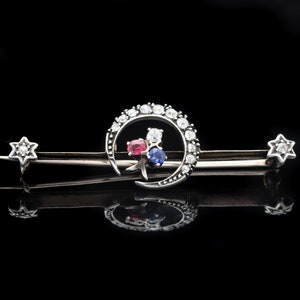 Antique Victorian Diamond, Ruby & Sapphire Crescent Moon Bar Brooch - Etsy