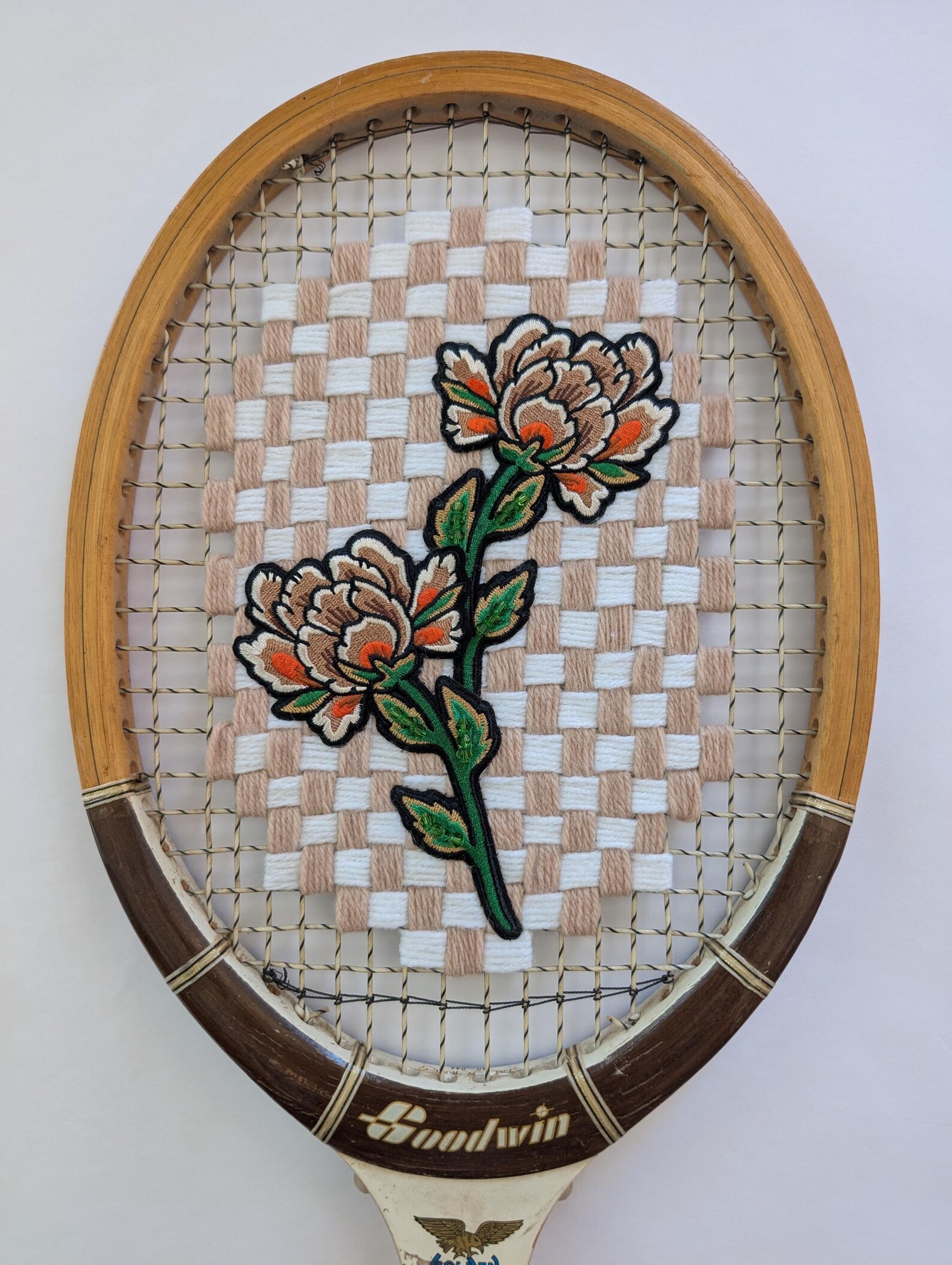 Vintage Tennis Racket Wall Art Weaving Embroidery - White Camel Beige ...