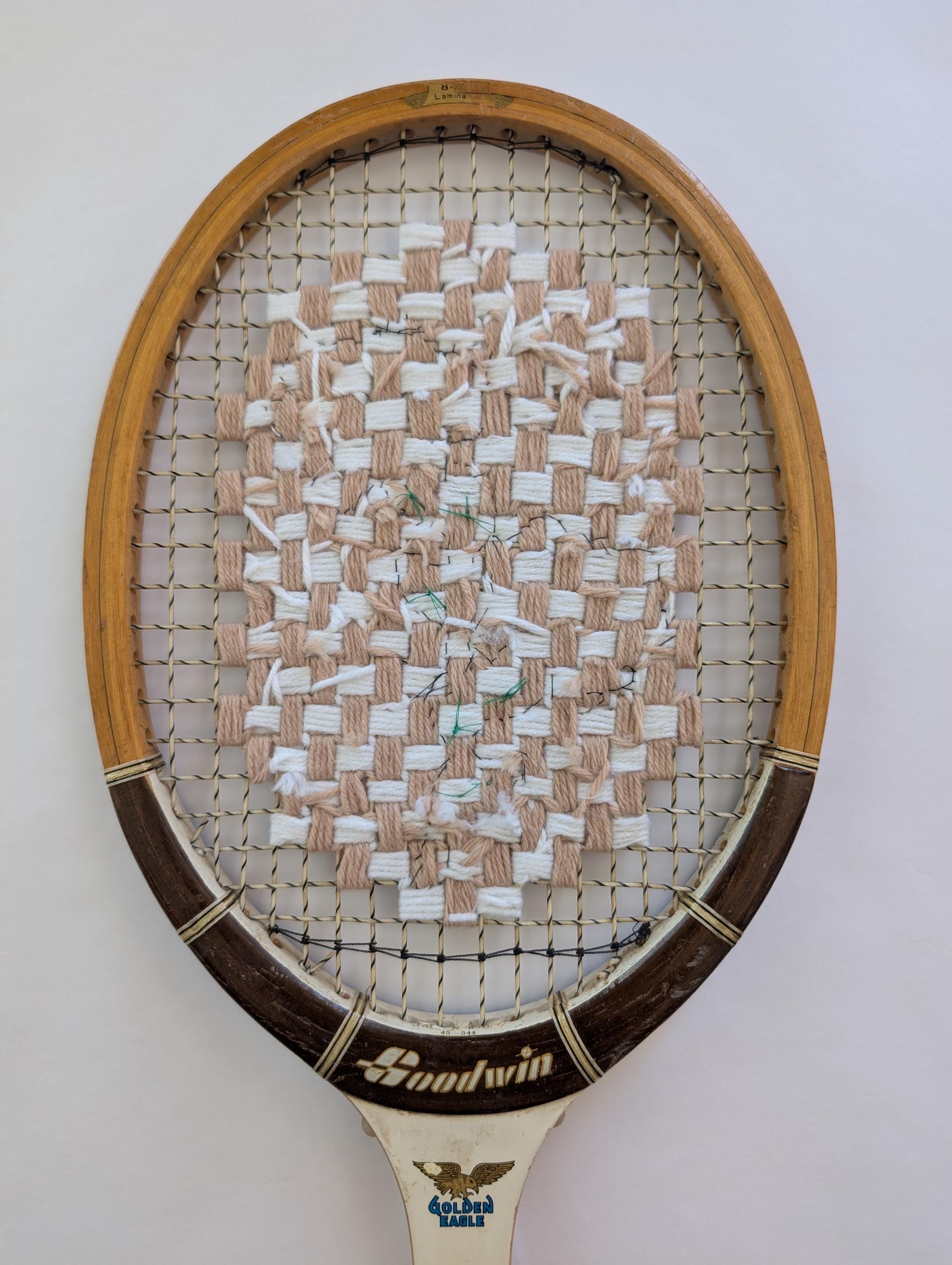 Vintage Tennis Racket Wall Art Weaving Embroidery - White Camel Beige ...