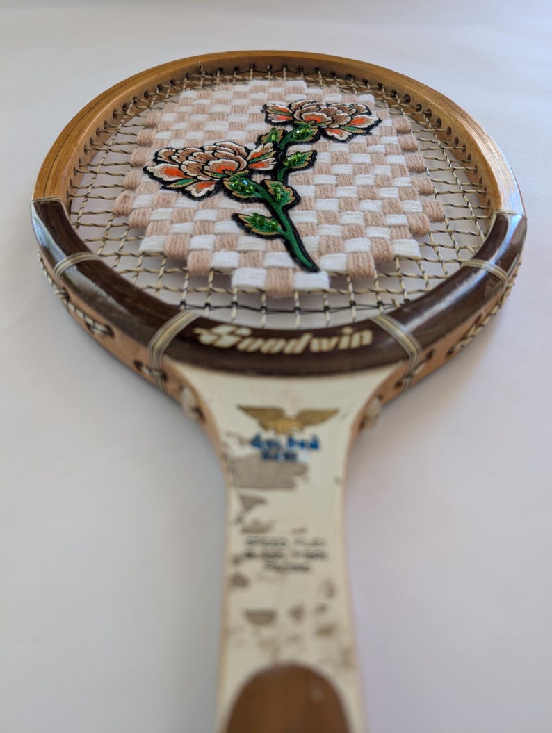 Vintage Tennis Racket Wall Art Weaving Embroidery - White Camel Beige ...