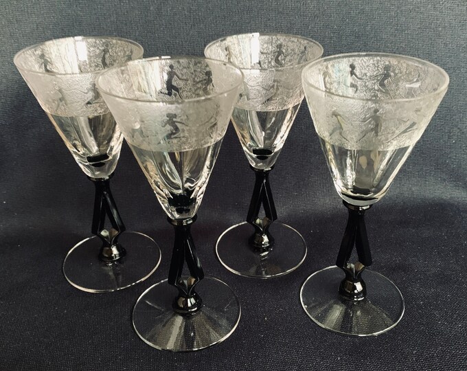 Morgantown Glass Faun Etched Art Moderne Wines or Cocktails With Ebony ...
