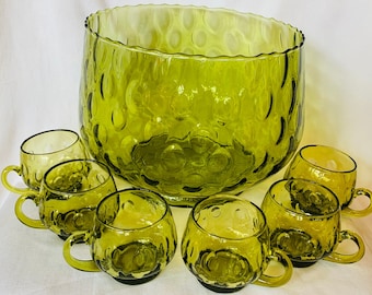 Vintage MCM Empoli Italian Art Glass Olive Green Coin Dot 14 Piece ...