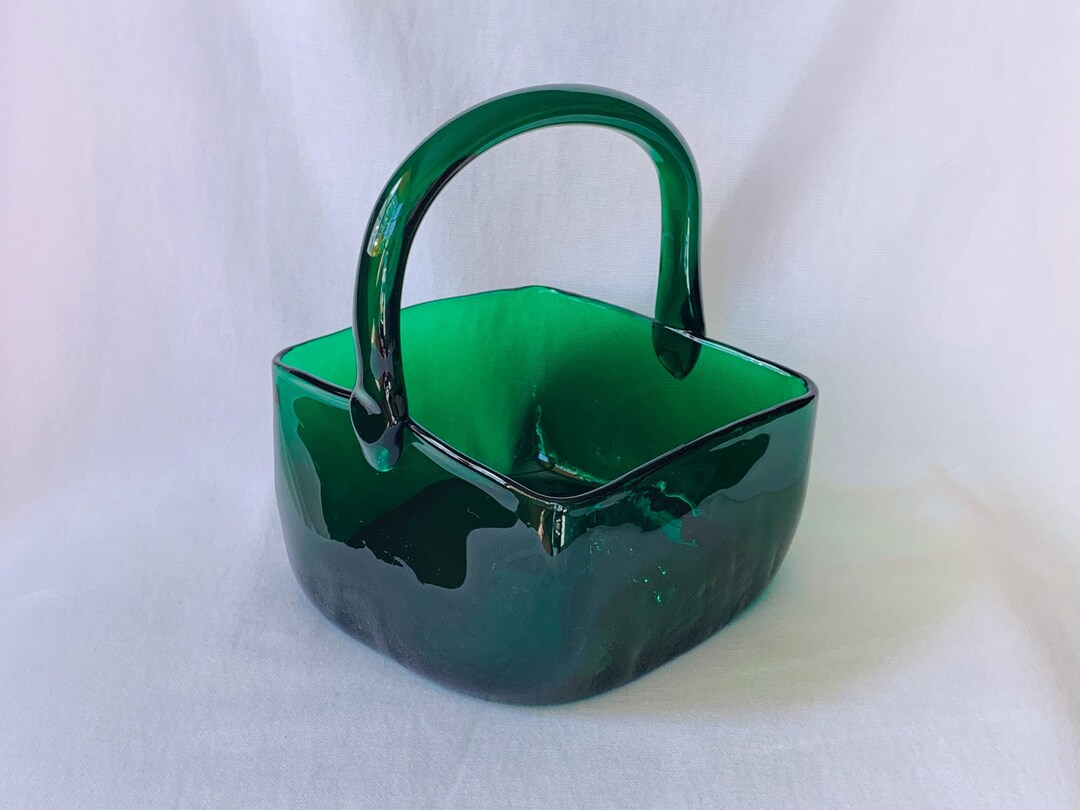 Blenko Art Glass Emerald Green MCM No. 7914 Basket Vase With Applied ...