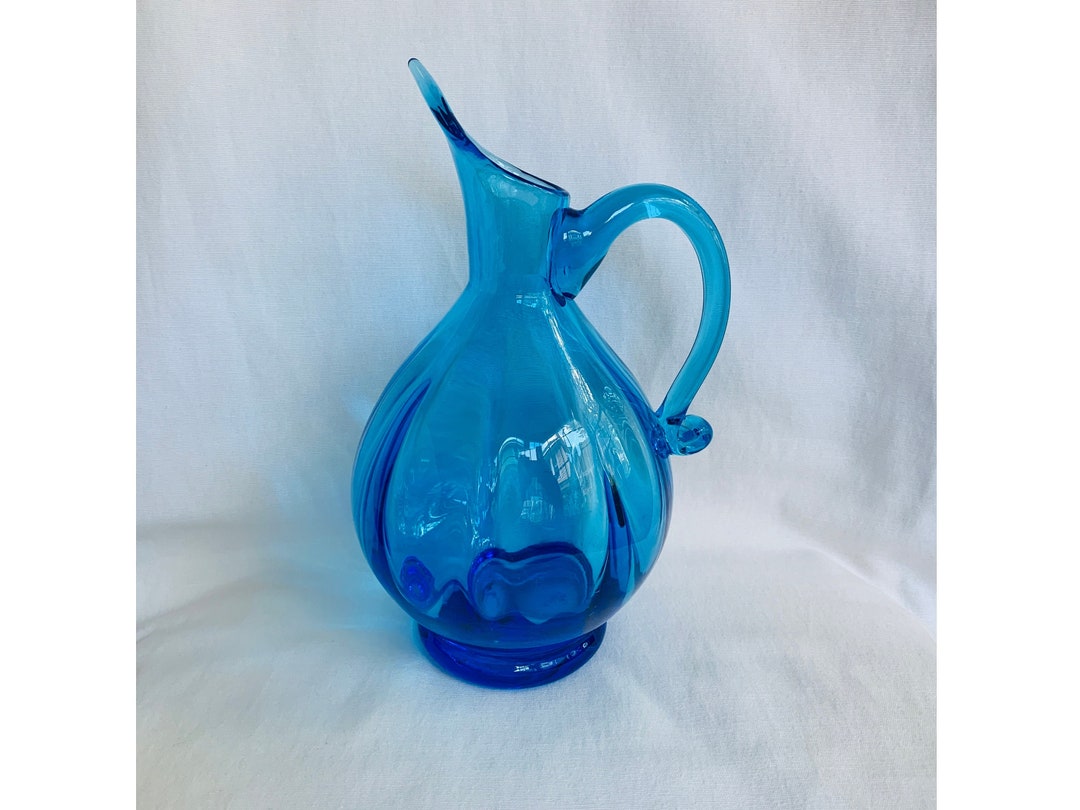 Viking Rainbow Art Glass MCM Blue Optic Pitcher - Etsy