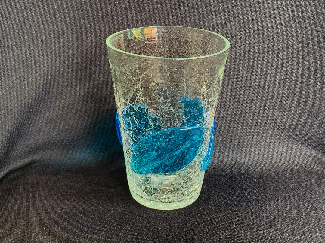 Blenko Glass Small Leaf Vase in Crackle Finish With Sky Blue Leaves - Etsy