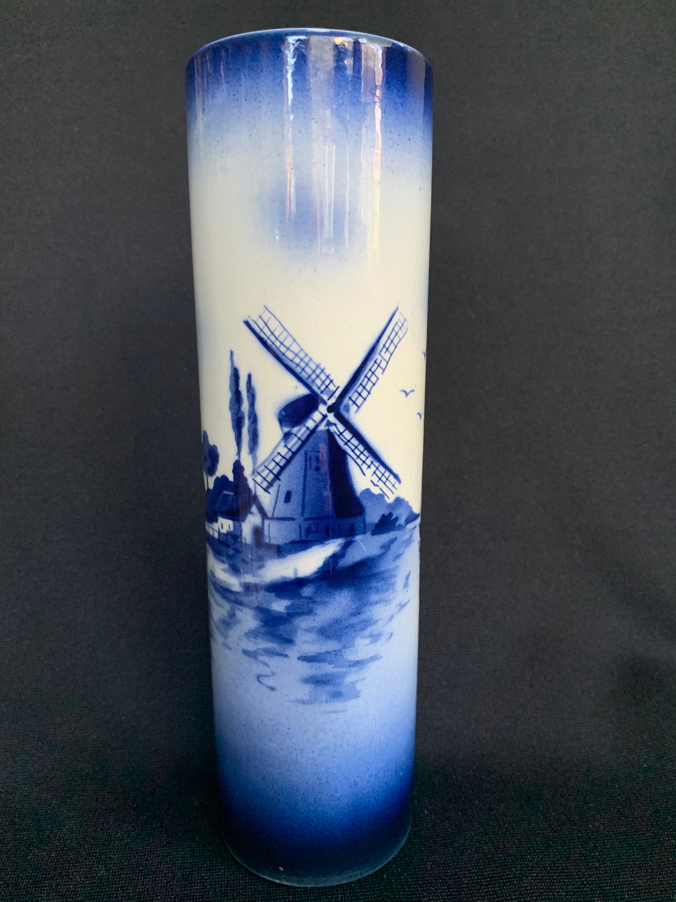 Dutch Ceramic Delft Blue Cylinder Vase With Windmill and Sailboat ...
