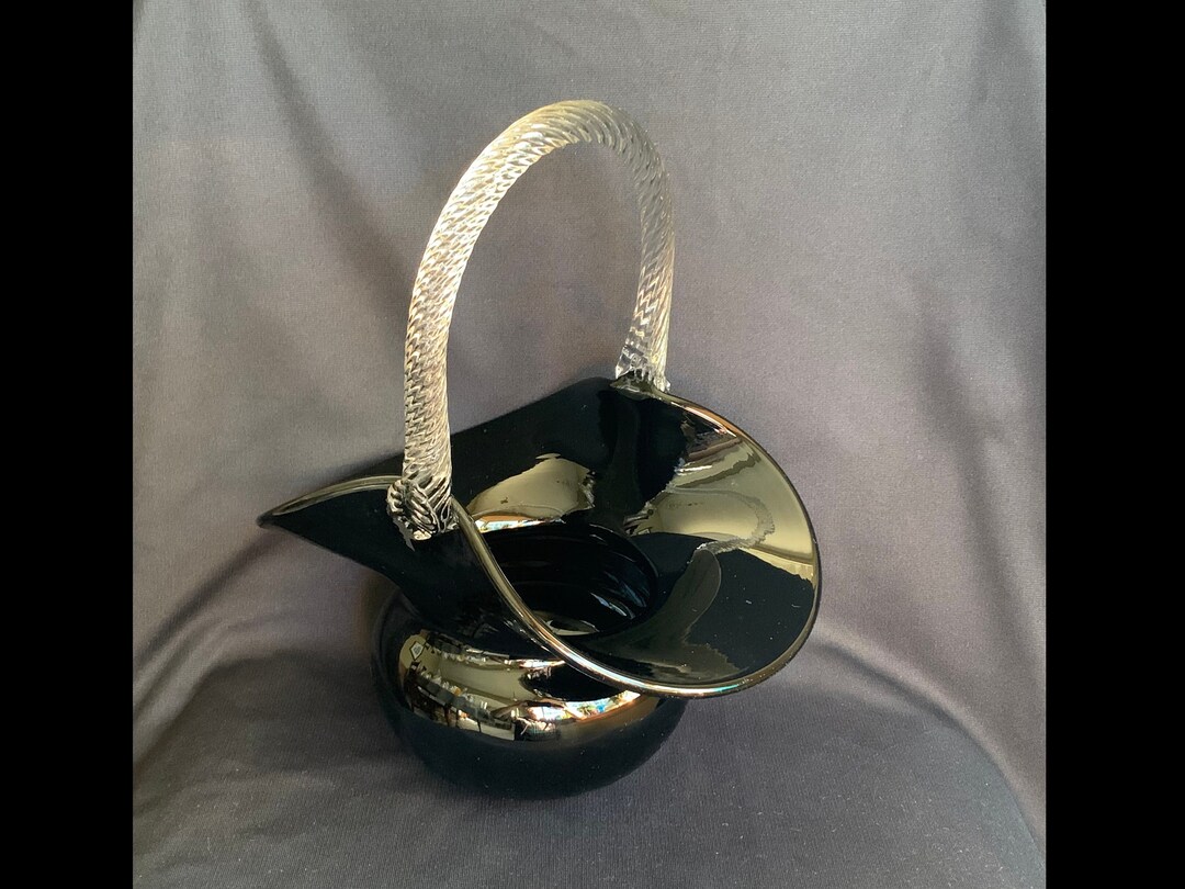 Morgantown Glass Clayton Large Ebony Black Basket Vase With Clear ...