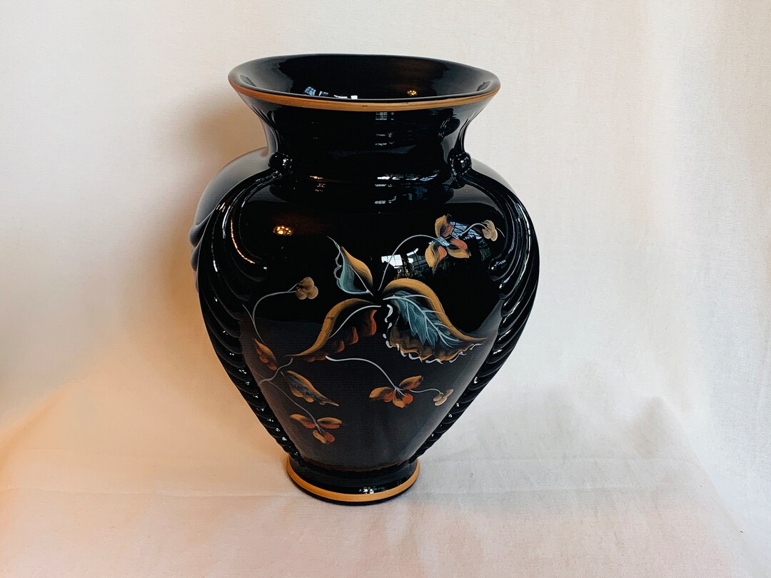 Fenton Art Glass Autumn Leaves on Black Feathered Vase - Etsy