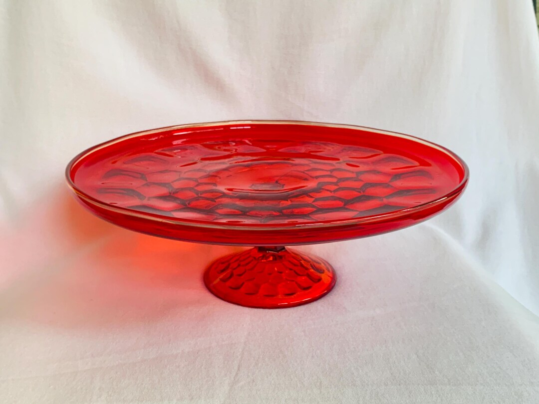 Viking Art Glass Georgian Honeycomb Footed Cake Plate or Salver in Ruby ...
