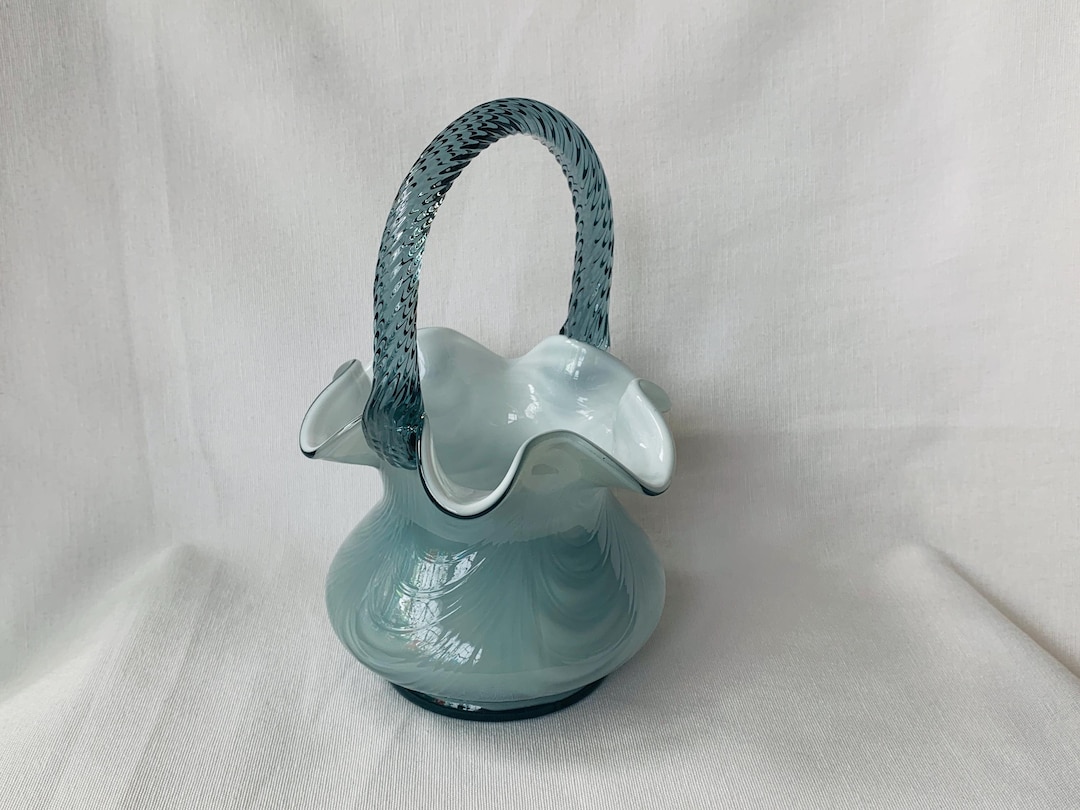 Fenton Art Glass Cased Grey Drapery Basket or Vase With Reeded and ...