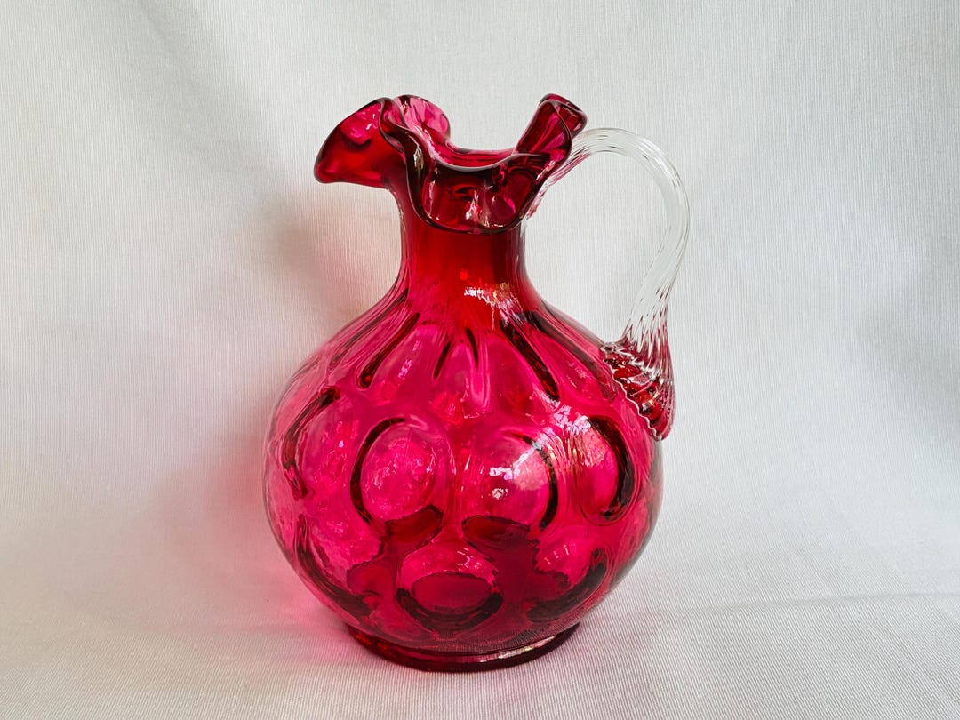 Fenton Art Glass Cranberry Coin Dot Pitcher With Clear Reeded Handle - Etsy