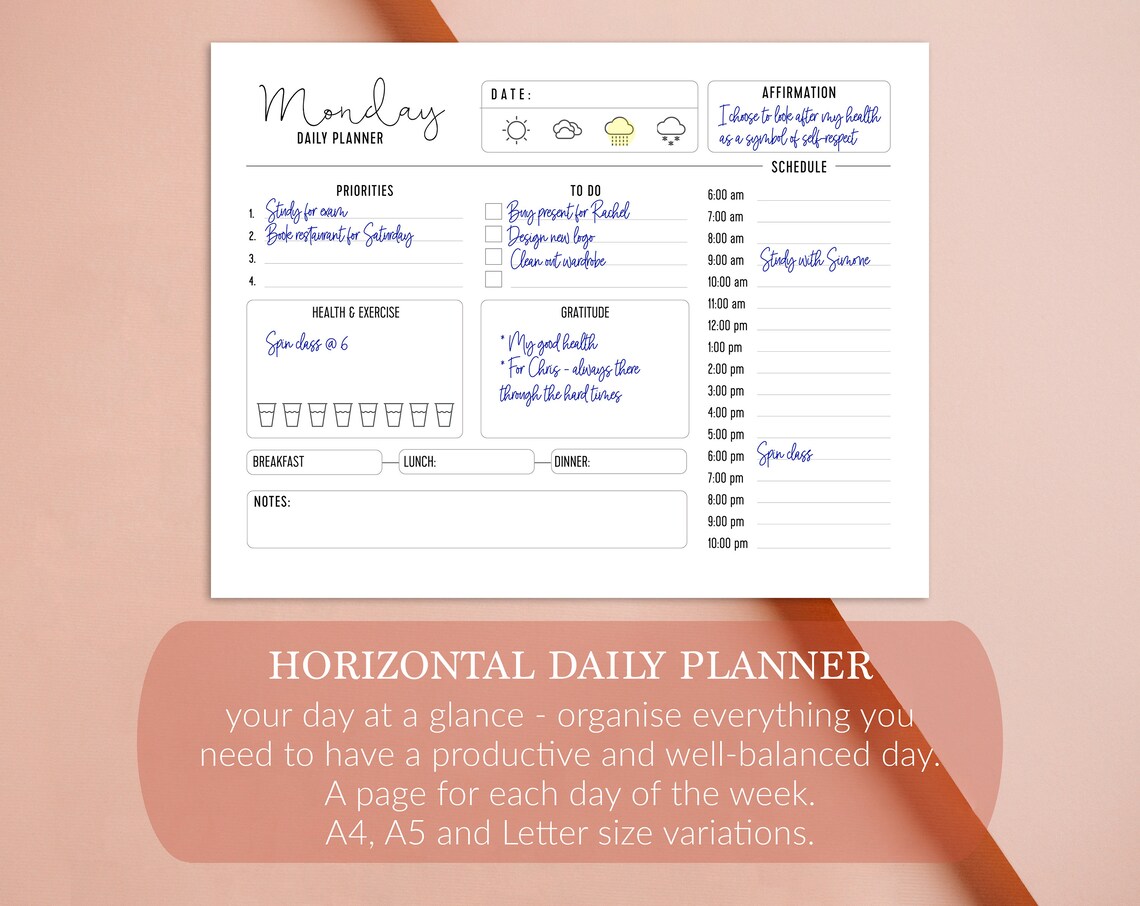 Horizontal Printable 7 Day Planner | Daily Planner | Day Planner ...