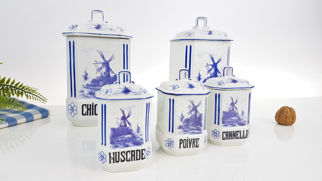 5 Antique Storage Jars Containers Shabby Vintage Blue Cottage Tins ...