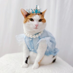 Blue Princess Dress Crown for Pet Cat Dog Chiffon Outfit Costume Pearl ...