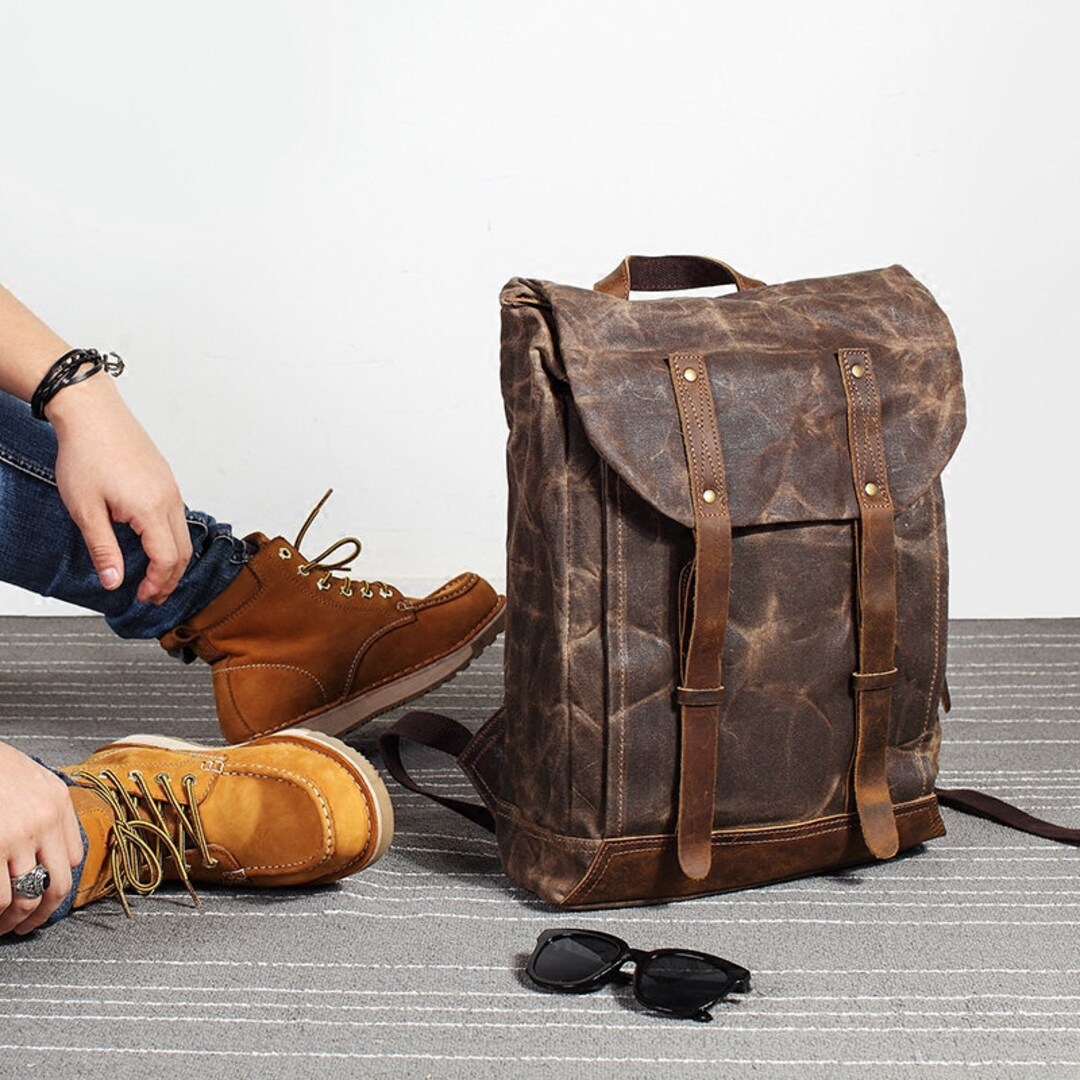 Handmade Waxed Canvas Leather Backpack Hiking Rucksack Unisex Canvas ...
