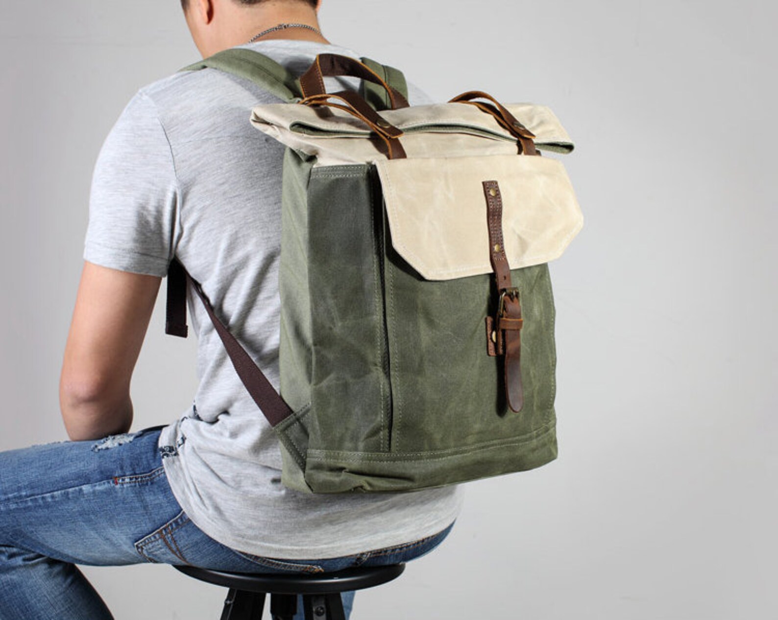 Roll Top Waxed Canvas Backpack, Handmade 14" Laptop Rucksack, Vintage ...
