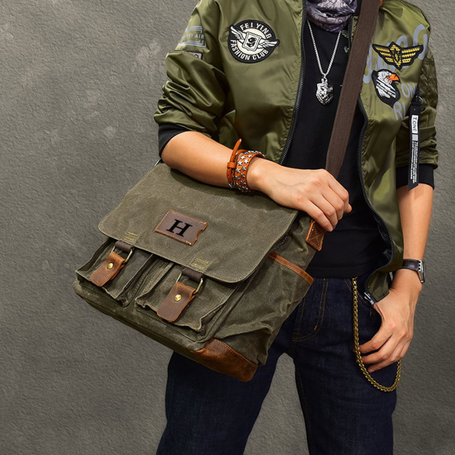 Handmade Waxed Canvas Messenger Bag,14" Laptop Bag,personalized Father ...