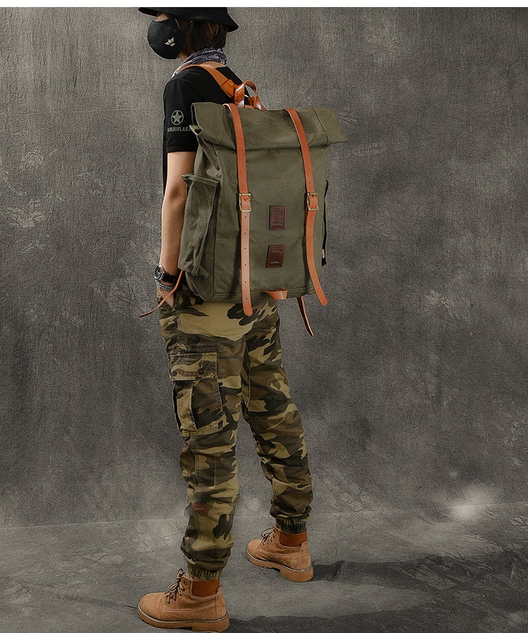 Handmade Waxed Canvas Backpack, Rolltop Backpack, 17'' Laptop Bag ...