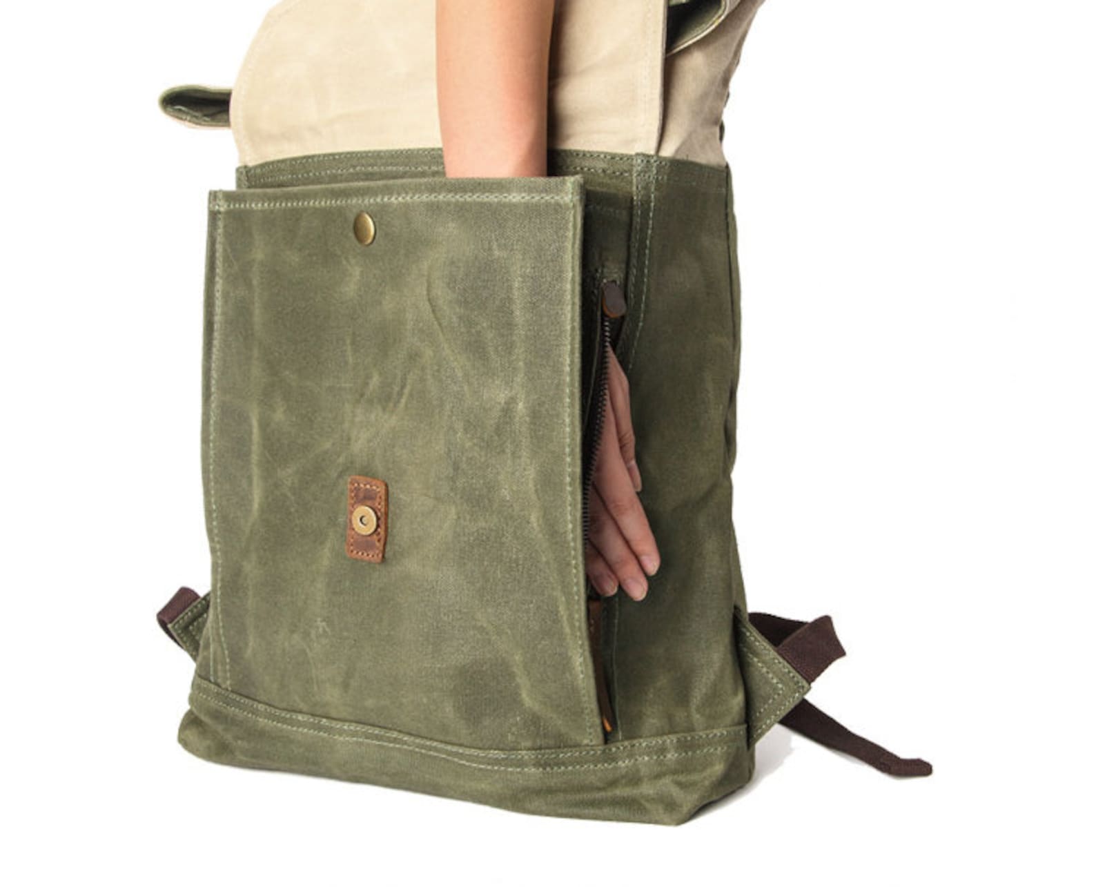 Roll Top Waxed Canvas Backpack, Handmade 14" Laptop Rucksack, Vintage ...