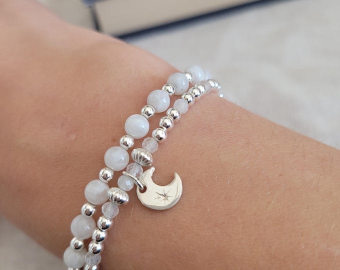 Moonstone Bracelet Cresent Moon Star Bracelet for Her Sterling Silver ...