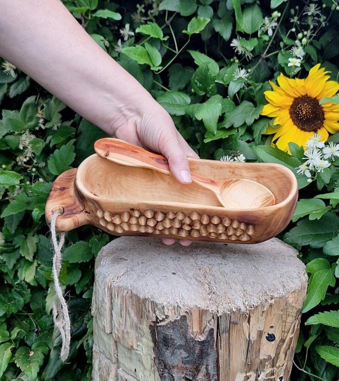 Large Burnt Wooden Kuksa Bowl With Spoon Rustic Scandinavian Mug for ...