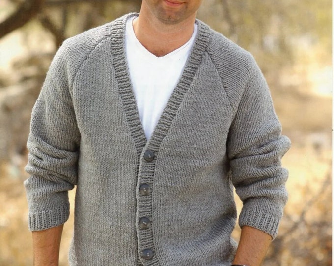 Mens Easy Plain V Neck Raglan Cardigan Knitting Pattern PDF 38-48 ...
