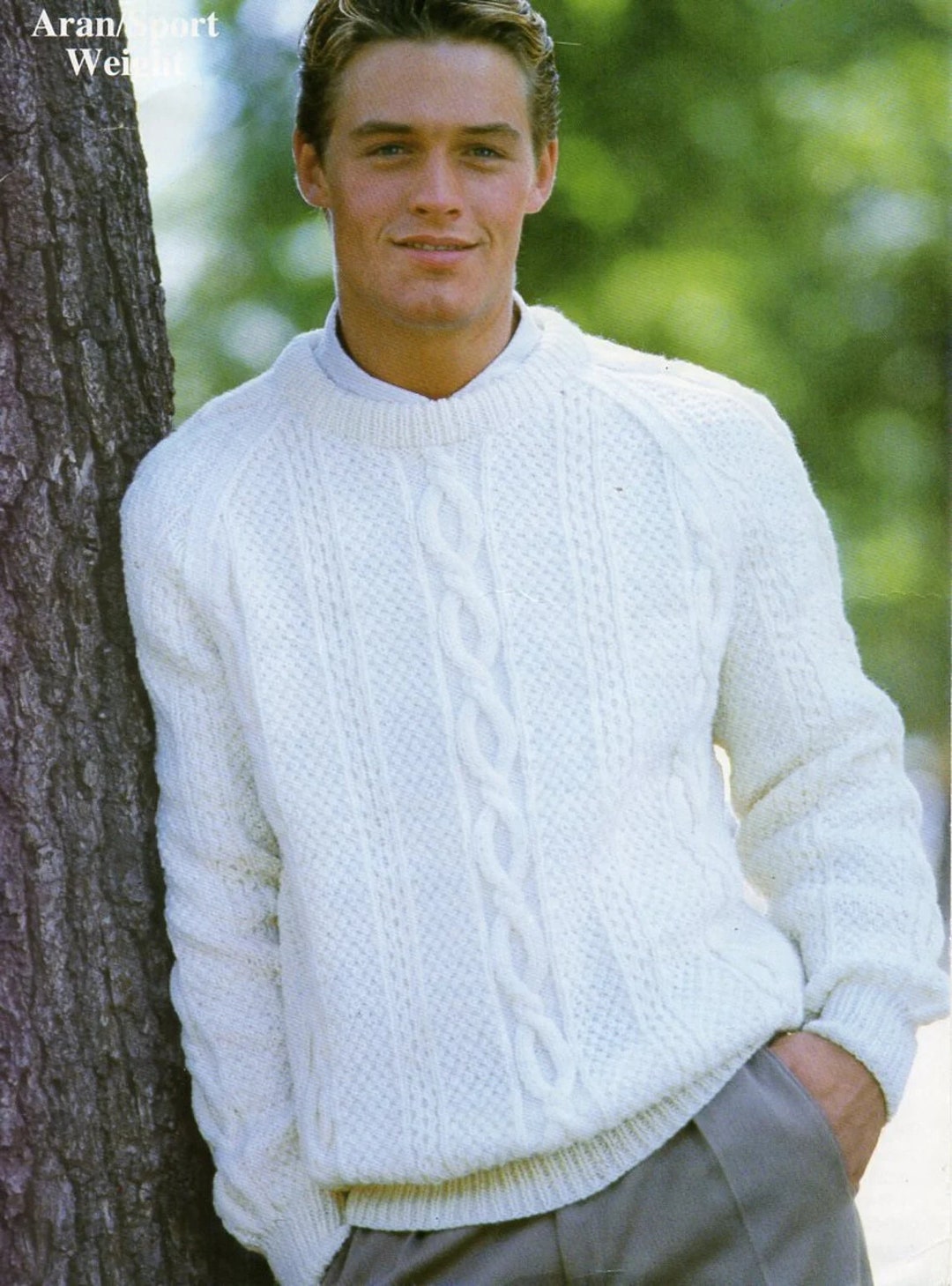 Aran Sweater for Men Knitting Pattern Cable Crew Neck Jumper 32-48 Inch ...